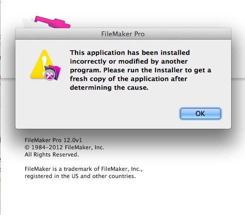 FileMaker 12 "installed incorrectly" installation error