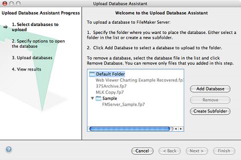 How do I upload a database in FileMaker Server