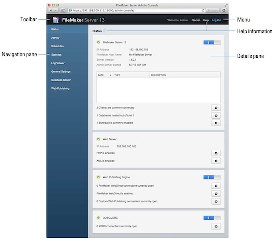 Uso de la aplicación web Admin Console de FileMaker Server