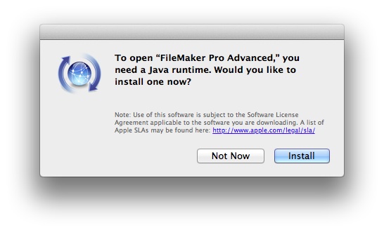 Mensaje de advertencia de Java Runtime al intentar iniciar FileMaker Pro o FileMaker Pro ...
