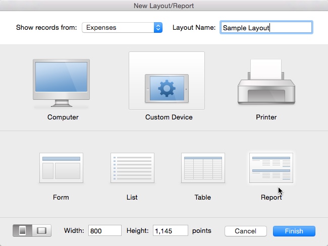 Custom device sizes in New Layout / Report assistant in FileMaker Pro